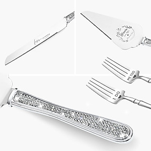 ROXBURGH Cake Cutting Set for Wedding, Wedding Cake Knife and Server set, Forks and Cutter Pie Spatula Rhinestones Studded Handle Birthday Anniversary Christmas of 4 (Silver)