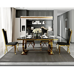 ACEDÉCOR Modern Dining Room Table with Gold Stainless Steel Metal U-Base in Black Gold