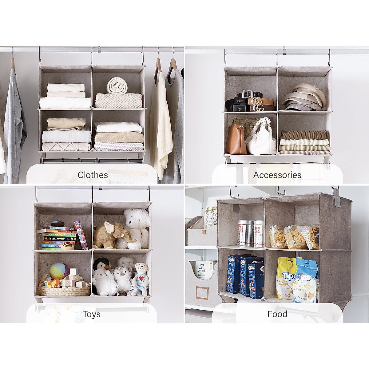 StorageWorks Hanging Closet Organizer with Garment Rod, 4 Section Closet Hanging Shelves, Hanging Clothes Cube Organizer, Mixing of Brown & Beige, 12 ¼" D x 24 ½" W x 28" H