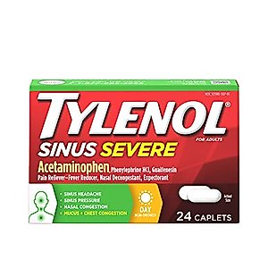 Tylenol Sinus Severe Daytime Cold & Flu Relief Medicine Caplets, Non-Drowsy Pain Reliever, Fever Reducer Expectorant & Decongestant, Acetaminophen, Guaifenesin & Phenylephrine HCl, 24 ct