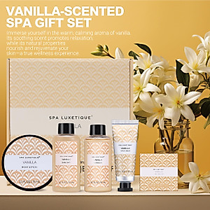 Spa Luxetique Spa Gifts for Women 6pc Vanilla Bath Sets Women Gift With Body Lotion, Shower Gel, Bubble Bath, Hand Cream, Bath and Body Gifts Set, Valentines Day Gifts for Her, Bath Gifts for Women