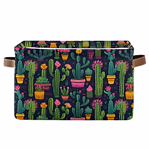 Cute Cactus Plant Green Basket with Handles, Waterproof Storage Basket Laundry Baskets Foldable Closet Organizer Bins for Home Closets, Offices, Bedroom, Laundry, 1PC