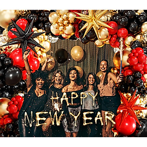 FOTIOMRG Red Black Gold Balloons Arch kit with 3pcs Star Balloons, Red Black and Gold Balloons Garland for Anniversary Casino Night Hollywood New Years Movie Night Birthday Decorations