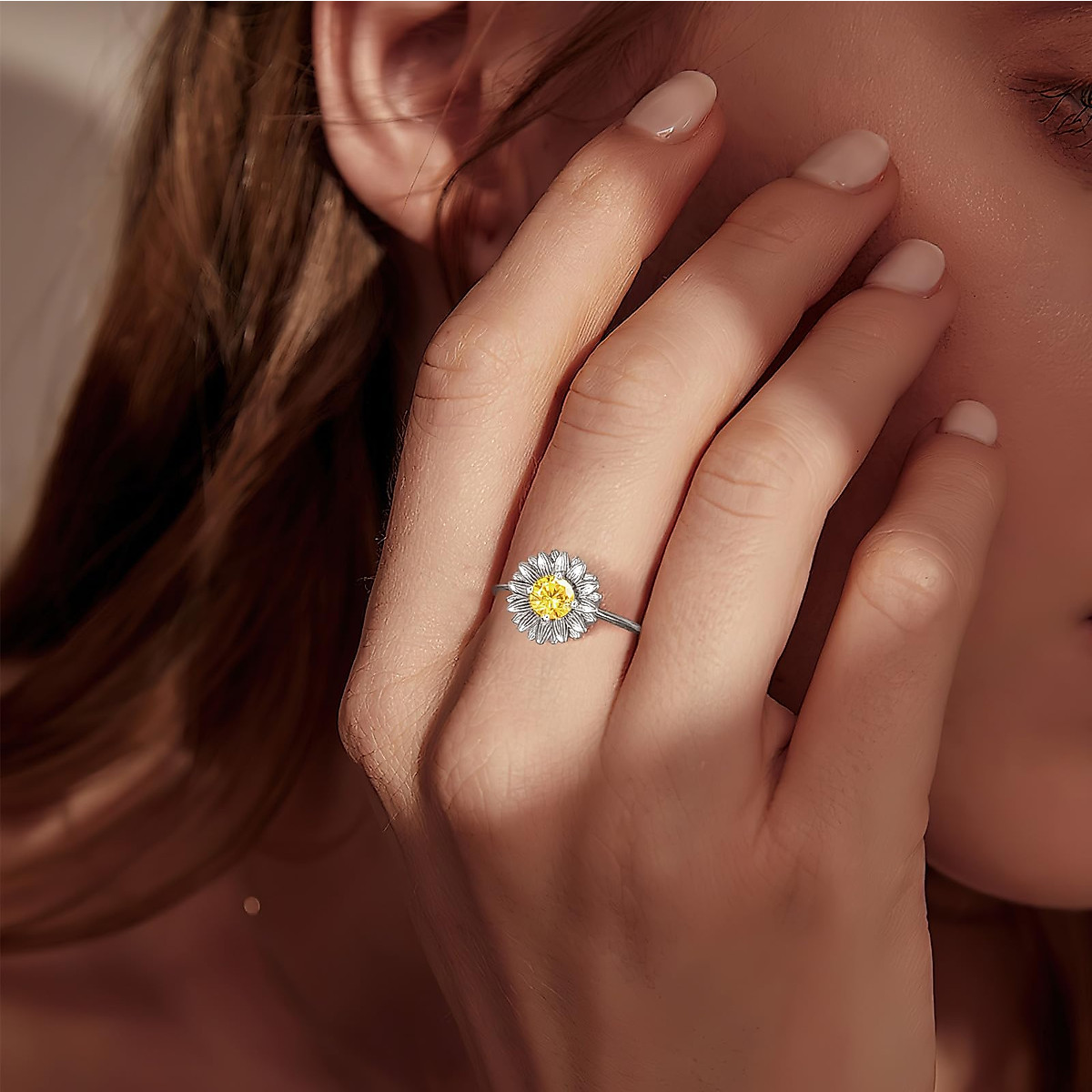 Cezentiy Sunflowers Ring 925 Sterling Silver Jewelry Daisy Ring Zirconia Stacking Ring for Women Girls Gift Size 6 to 9 (white golden, 7)