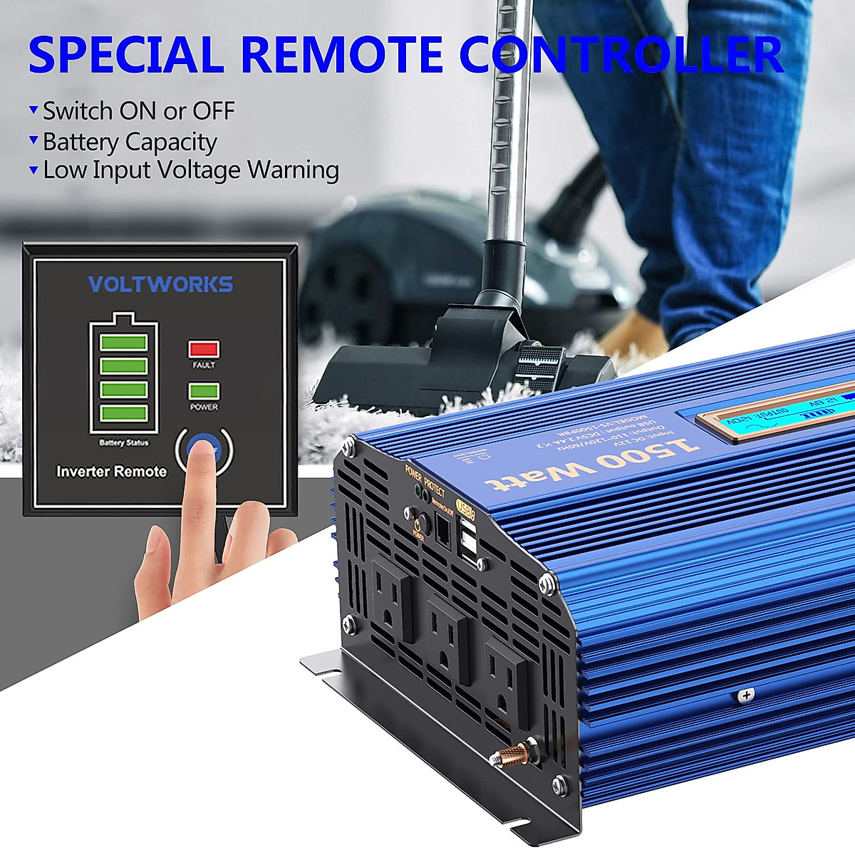 1500W Pure Sine Wave Power Inverter DC 12v to AC 110V-120V with Remote Control LCD Display and 2x2.4A Dual USB Ports 3 AC Outlets for Home RV Truck by VOLTWORKS