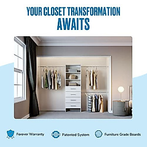 Closet Shelves Tower With Drawers & Hanging Closet Kit - Built In Closet Organizer System - Corner Closet System - Closet Organizers And Storage Shelves - Closet Shelving - Expands From 52" - 120" (ETW-DR4-25.5)