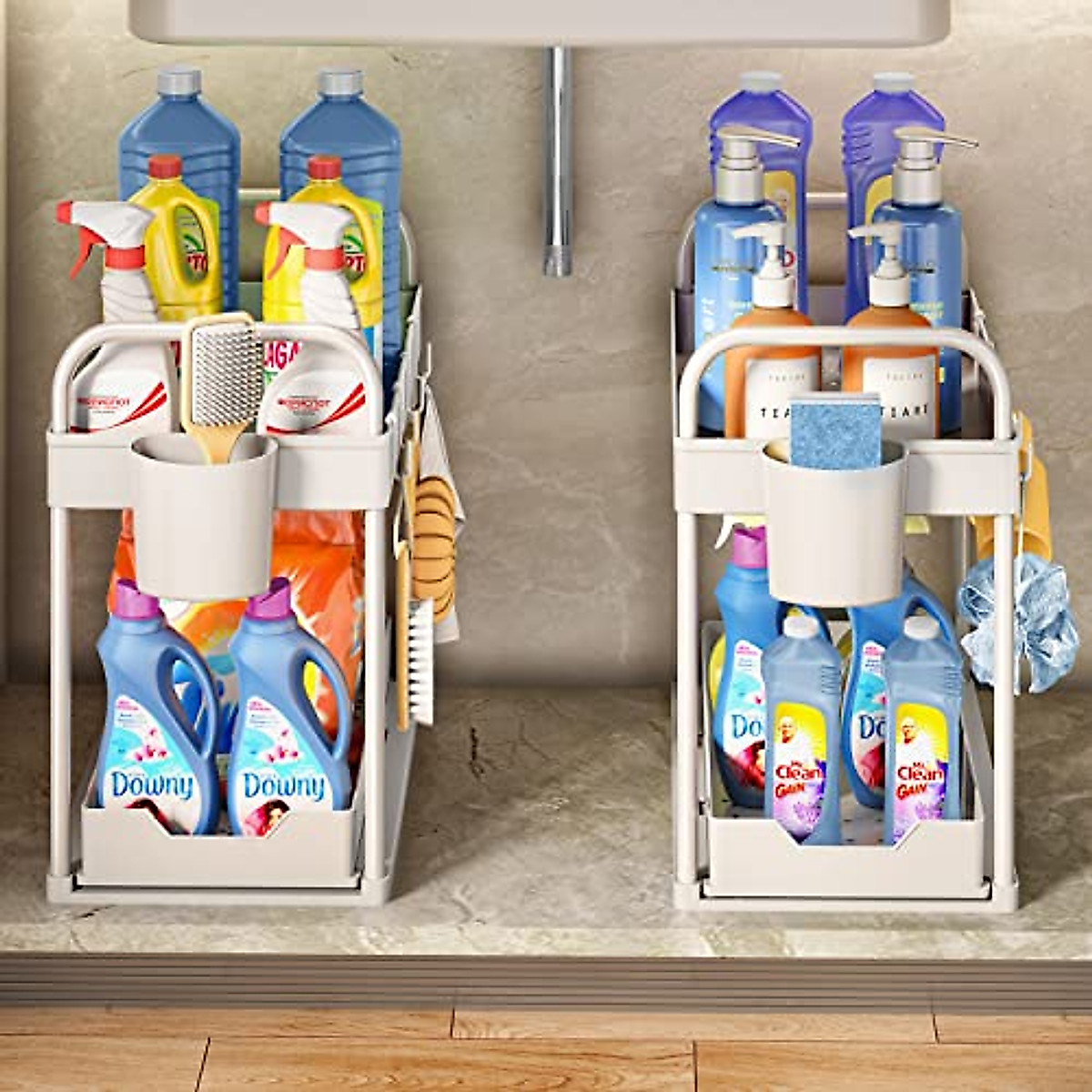 2-Tier Under Sink Organizer, PXRACK Sliding Under Bathroom Cabinet Storage Drawer Basket Organizer Rack with Hooks, Hanging Cup, Handles, Under Sink Shelf Organizer for Bathroom, Kitchen