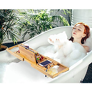 Utoplike Bamboo Bathtub Caddy Tray Bath Tray for Tub, Adjustable Bathroom Bathtub Organizer with Book Tablet Wine Glass Cup Towel Holder,Distinctive Gift (24.5"-37.4")