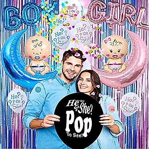 Gender Reveal Decorations, Boy or Girl Gender Reveal Party Supplies Kit Inclouding Gender Reveal Balloon Pink and Blue Confetti Packs for Boy or Girl,Metallic Tinsel Foil Fringe Curtains Photo Backdrop,Team Boy and Team Girl Sticks ,Mommy to Be Sash