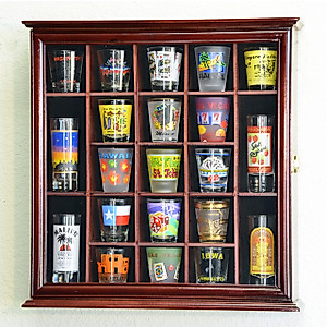 21 Shot Glass Shotglass Shooter Display Case Holder Cabinet Wall Rack 98% UV Lockable -Cherry