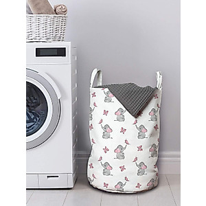 Ambesonne Animal Cartoon Laundry Bag, Playing Butterflies Design Pattern, Hamper Basket with Handles Drawstring Closure for Laundromats, 13" x 19", Grey Pink