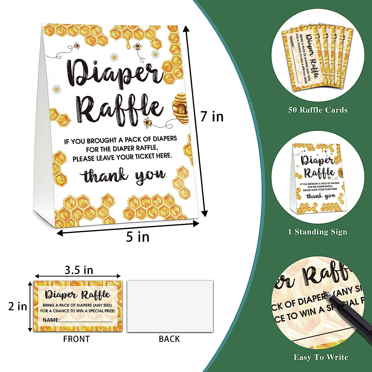 Gihyan Diaper Raffle Baby Shower Game Set(1 Standing Sign + 50 Guessing Cards), Bumble Bee Diaper Raffle Tickets for Baby Shower, Honey Honeycomb Baby Shower Party Favor Decor - B07