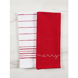 KAF Home Embroidered Holiday Kitchen Towels - Set of 4-100% Cotton, Enzyme Washed Slub, 18" x 28" (Merry)