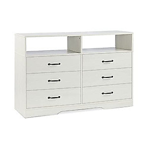 Catrimown White 6 Drawer Dresser for Bedroom Mid Century Modern Dresser Chest of Drawer for Bedroom White Dresser with Shelves Wood Wide Double Dresser for Bedroom Living Room, Wash White