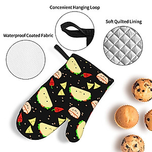 Kawaii Taco Patterned Oven Mitts and Pot Holders Set of 4, Oven Mittens and Potholders Heat Resistant Gloves for Kitchen Cooking Baking Grilling BBQ