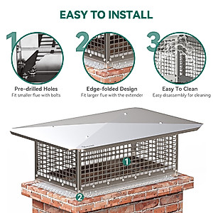YITAHOME Chimney Cap, 13" x 24" Chimney Cover for Outside, 304 Stainless Steel Fireplace Chimney Caps with Adjustable Metal Strips, Screws & Gloves