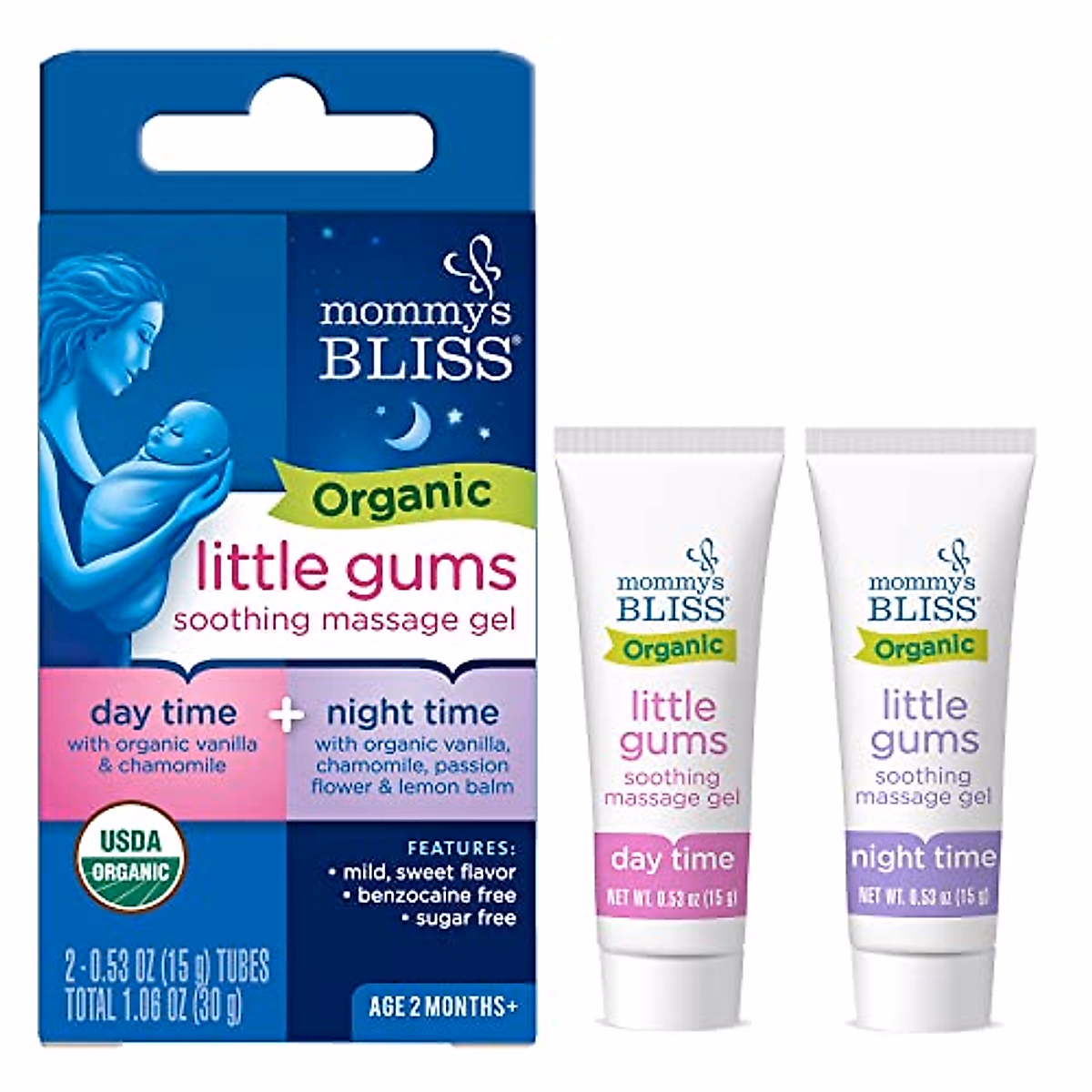 Mommy's Bliss Organic Little Gums Soothing Massage Gel Day and Night Combo Helps with Tender Age Months + Sugar Free 2 - 0.53 Oz Tubes, mild, sweet flavor, 2 Count(Pack of 1)