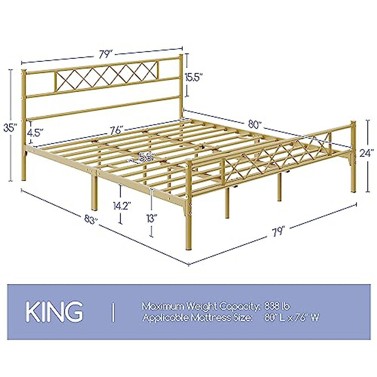 Yaheetech Metal Platform King Bed Frame Mattress Foundation with Headboard and Footboard No Box Spring Needed Under Bed Storage Steel Slats Antique Gold