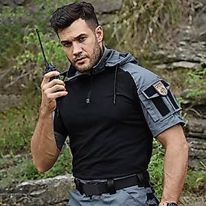 Men's Combat Shirts Tactical Short Sleeve Shirt Cargo Military Airsoft T-Shirt with Hood Gray
