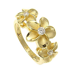 Arthur's Jewelry Yellow gold plated sterling silver 925 Hawaiian 3 cz plumeria flower ring size 8