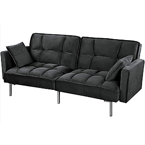 Container Furniture Direct Regal Convertible Sleeper Sofa Bed, Velvet Pull Out Couch with Mid-Century Style, Tufted Design and Metal Legs, Ideal for for Guests and Sleepovers, Black
