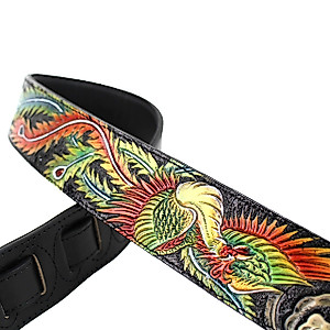 Walker And Williams KB-31 Skinny Series 2" Wide Flat Black Premium Grain Leather Padded Guitar Strap With Hand Tooled Red And Gold Phoenix Design