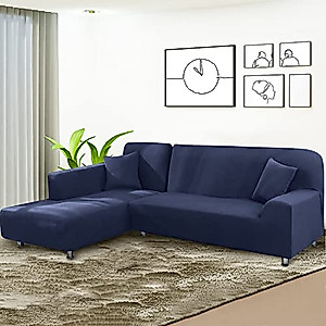 BT.WA Couch Cover L Shape Sectional Sofa Cover 2-Piece Soft Stretch Sofa Slipcover Furniture Protector Couch Slipcover with 2Pcs Pillowcases (Sofa 3 Seater + 3 Seater, Navy)