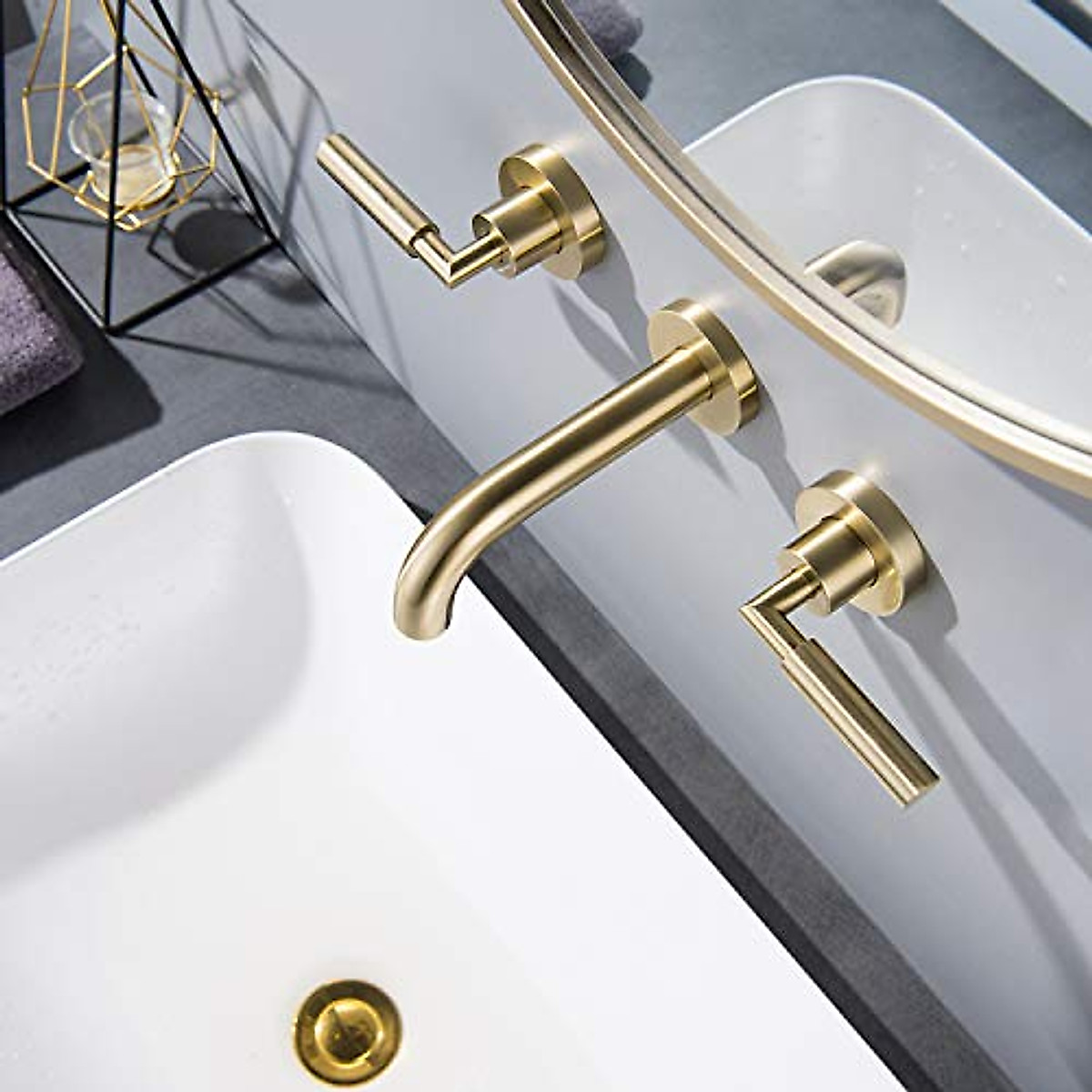 RBROHANT Brushed Gold Wall Mount Bathroom Faucet, Wall Mounted Sink Faucet, Dual Handle, Solid Brass, Rough-in Valve Included