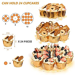 HURZMORO 3 Tier Round Acrylic Cupcake Tower Stand for 24 Cupcakes, Dessert Stands with LED String Light,3 in 1 Ice Cream Lolliopop Cupcake Display for Birthday Wedding Graduation Baby Shower Tea Party