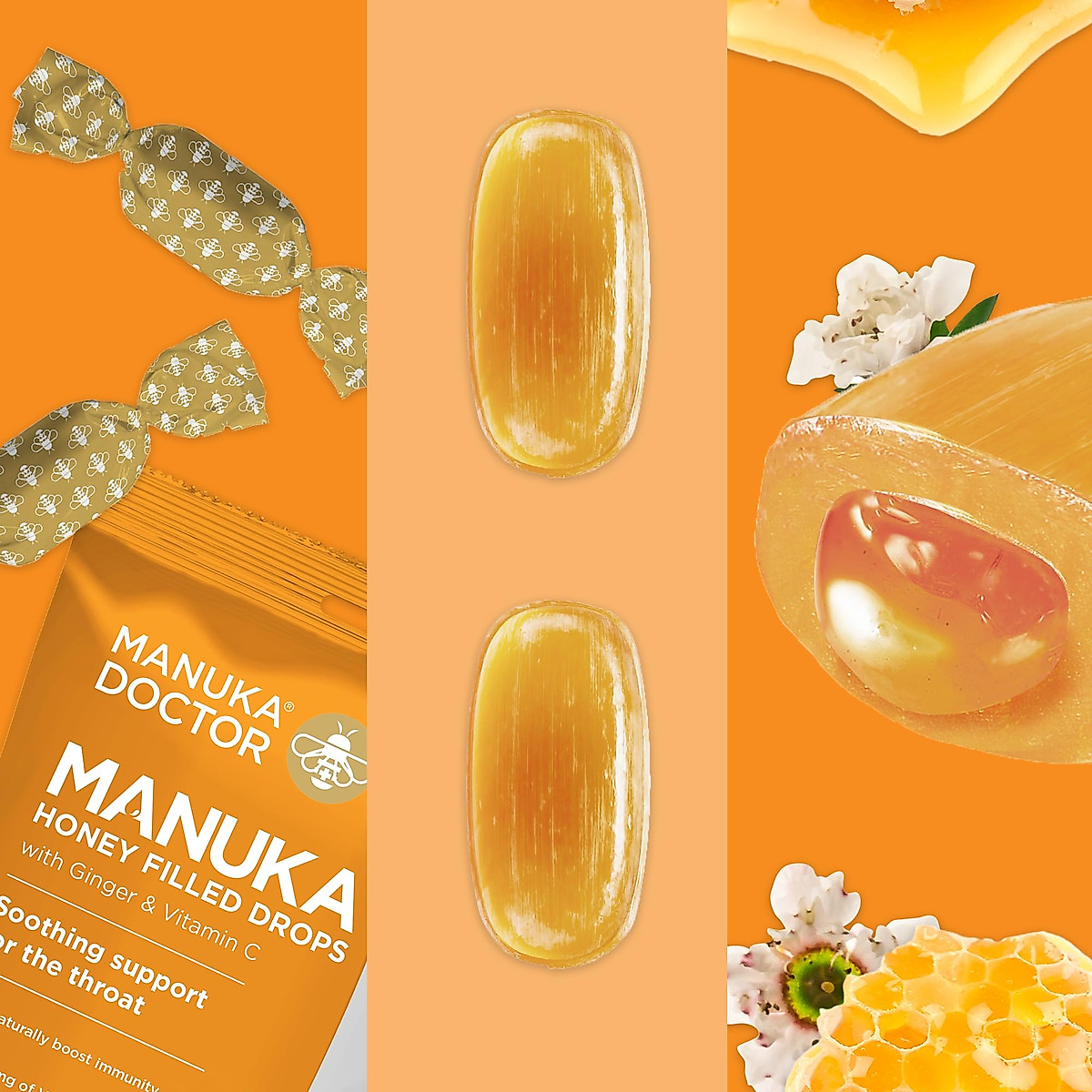 Manuka Doctor Cough Drops, Manuka Middles, 30 Count Honey Filled Lozenges with Vitamin C and Ginger to Help Support the Immune System, Soothing for Dry, Sore Throat, 4.7 oz