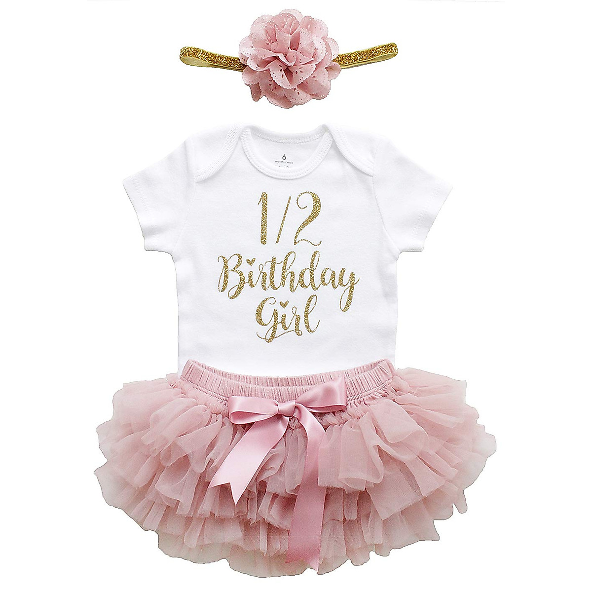 LilPinkGoose Baby Girl Half Birthday Outfit 1/2 Birthday Girl Outfits (Dusty Rose Short Sleeve, 6 Months)