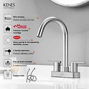KENES 4 Inch 2 Handle Centerset Bathroom Faucet, Brushed Nickel Lead-Free Modern Commercial Bathroom Sink Faucet, with Pop Up Drain and Two Water Supply Lines, KE-9019
