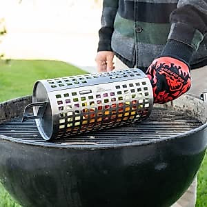 BBQ Dragon | Rolling Grill Basket | Food Grade Stainless Steel Grilling Basket | 13.5”x5.6” Cylinder | Vegetables, Shrimp, Fish, Chicken Wings | Snap Close Lid | Dishwasher Safe | Grilling Accessory
