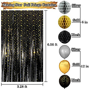 Black and Gold Birthday Party Decorations with Happy Birthday Banner, Gold Black Balloons, Birthday Tablecloth, Foil Fringe Curtains, Honeycomb Balls, Birthday Decor for Men Women