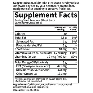 Garden of Life Olde World Icelandic Cod Liver Oil Liquid - Lemon Mint Flavor - 1,000mg Omega 3 Fish Oil, Fatty Acids, EPA, DHA, Vitamin D & A, CLO Fish Oil Supplements for Hearth Health, 47 Servings