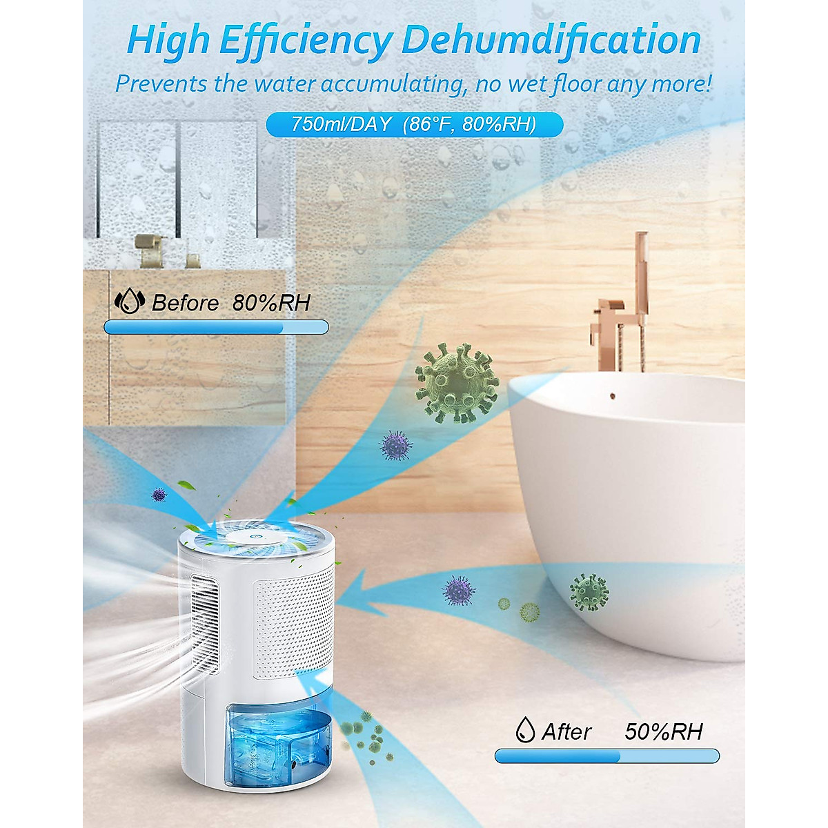 LONONEN Dehumidifiers - 5000 Cubic Feet Upgraded Large Dehumidifiers for Home Basements with Drain Hose, 61 oz Quiet Portable Dehumidifier Small for Room Bathroom Bedroom Closet RV Up to 450 Sq ft