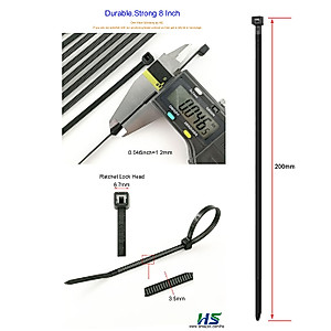 HS Durable Plastic Zip Ties 8 Inch (Bulk-1000 Pack) UV Black Cable Ties 40 Lbs Self-Locking Wire Ties Width 1/8 Inch,Outdoor Purpose