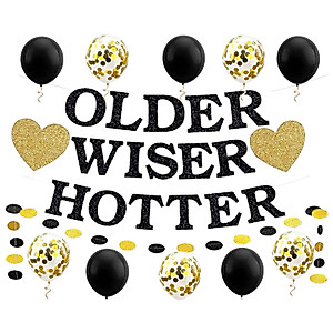 OLDER WISER HOTTER Banner Funny Birthday Party Decoration Supplies Glitter Hanging Garland Kit 10pcs Balloons Bunting 30th 40th 50h 60th 70th 80th Birthday Party Photobooth Backdrop Adult Black Gold
