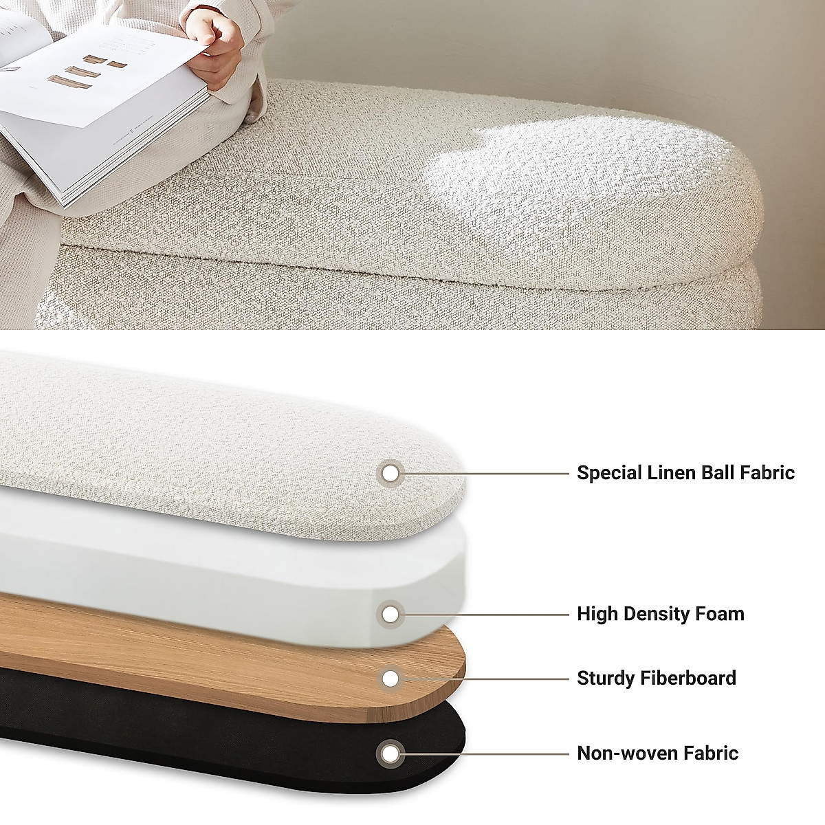 Busaurus Storage Ottoman Bench 49.2 Inch Upholstered Fabric Storage Bench for Bedroom End of Bed Aesthetic Large Oval Storage Ottoman for Living Room Entryway (Ivory)