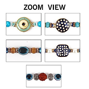 SATVIK 5 Pc Evil Eye Rakhi for Brother Bhaiya Bhabhi Traditional Handmade Assorted Designer Rakhi Set Roli Chawal, Greeting Card & Soun Stickers Rakhi Thread Rakhdi Bracelets Rakshabandhan