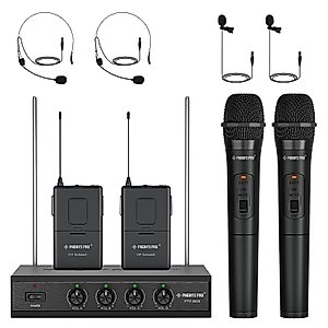 Phenyx Pro Wireless Microphone System, 4-Channel VHF Wireless Microphone Set with 2 Handhelds/2 Bodypacks/2 Lapels/ 2 Headset, Metal Receiver, Suitable for Church, Meeting, Conference(PTV-2000B)