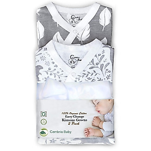 Cambria Baby 100% Organic Kimono Gowns. Side Snaps with Built in Mitts. (0-6 Months, Feathers and Forest Animals)