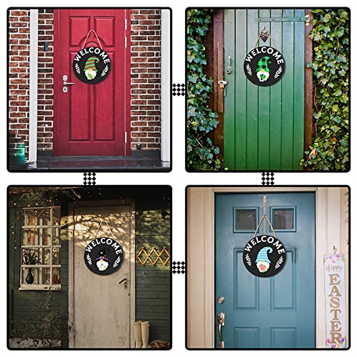 Fortuning's JDS Interchangeable Welcome Sign, 19 Magnet Gnome Decorations with Detachable Hats for Front Door, 12 Inches Wooden Front Door Decor as Easter Spring Gifts