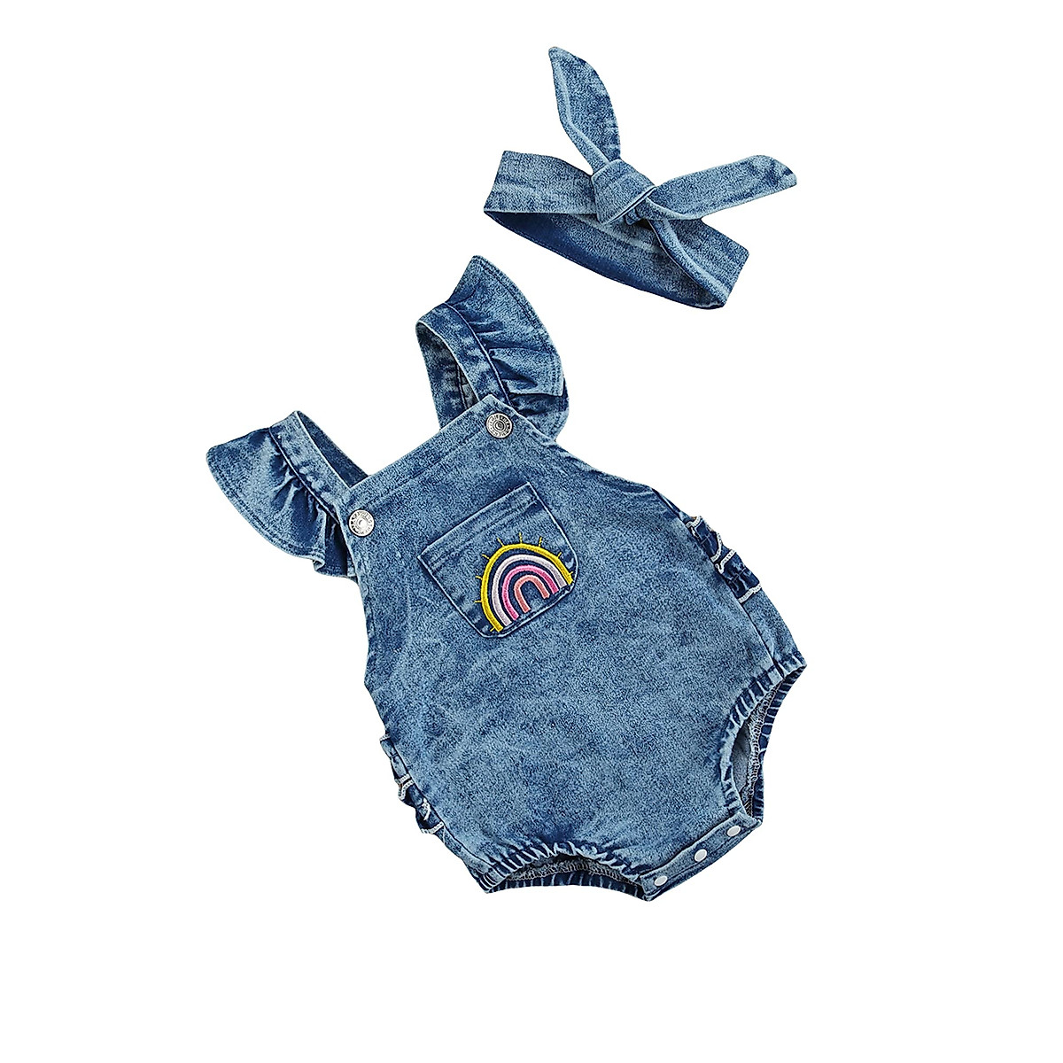 Fanvereka Newborn Baby Girls Rainbow Rompers Sleeveless Summer Ruffle Bodysuit Denim Rib Jumpsuit Headwear 2pcs Outfit Set (Blue, 3-6 Months)
