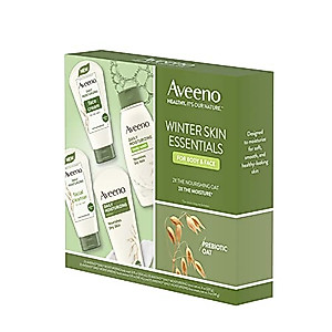Aveeno Daily Moisturizing Winter Skin Essentials Skincare Set for Face & Body with Daily Moisturizing Body Lotion, Body Wash, Facial Cleanser, and Face Cream, Gift Set, 4 Items