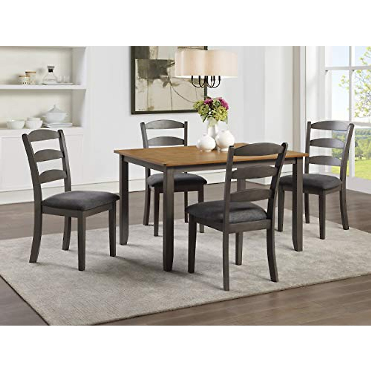 OSP Home Furnishings West Lake Dining Table Set, 5-Piece, Antique Finish Natural Top and Grey Base with Charcoal Fabric