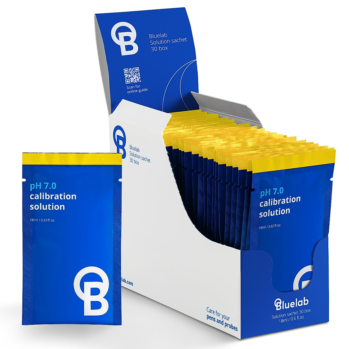 Bluelab pH 7.0 Calibration Solution Sachets - Ideal for pH pH Pens & pH Probes for Precise Meter & Probe Accuracy, 18 ml Each, for Hydroponics, Gardening, Growing Tents - 30 Sachet Box