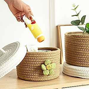 Zerodeko Cotton Rope Basket with Lid Small Woven Storage Baskets Decorative Hamper Nursery Covered Storage Bin Desktop Organizer Small Woven Basket