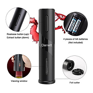 Danett Electric Wine Opener Set - Automatic Corkscrew Opener with Foil Cutter, Pourer, and Vacuum Stoppers - Battery Operated - 4-in-1 Wine Accessories Kit-for Wine Lovers