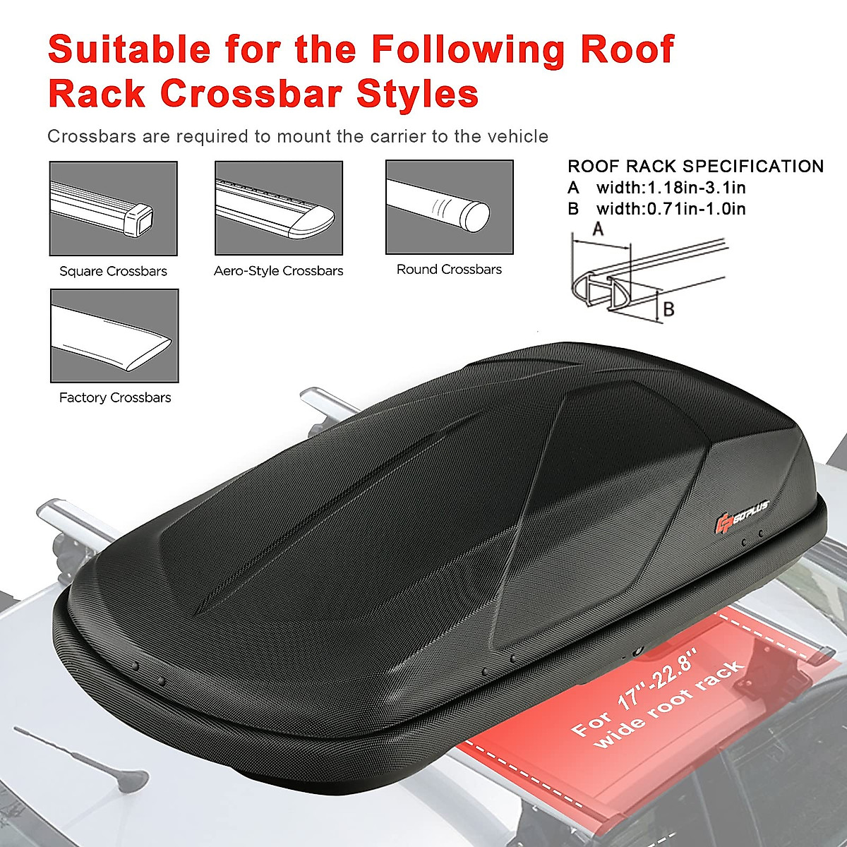 Goplus Rooftop Cargo Carrier Hard Shell, 14 Cubic Feet Waterproof Car Roof Cargo Carrier w/Dual Side Opening, Security Key, 165LBS Capacity, for 17” to 22.8” Wide Crossbar Rack, Vehicle Cargo Box